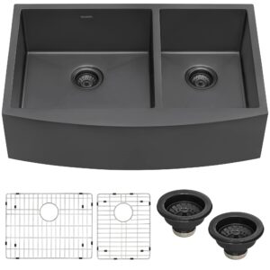 ruvati 33-inch gunmetal black stainless steel 60/40 double bowl apron-front farmhouse kitchen sink - rvh9742bl