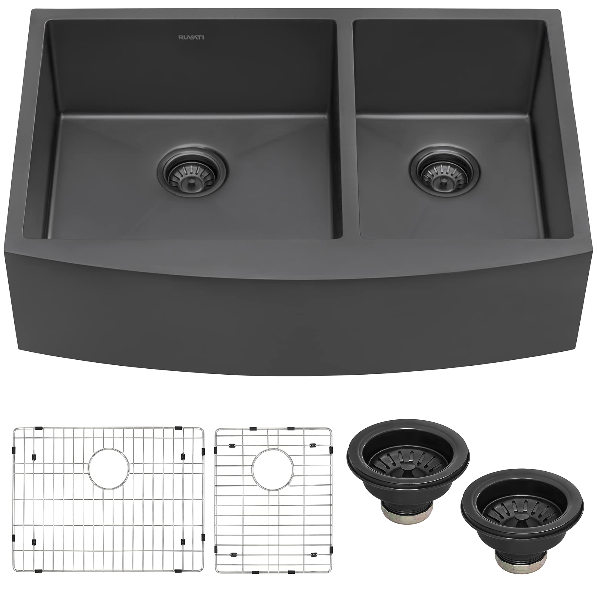 Ruvati 33-inch Gunmetal Black Stainless Steel 60/40 Double Bowl Apron-Front Farmhouse Kitchen Sink - RVH9742BL