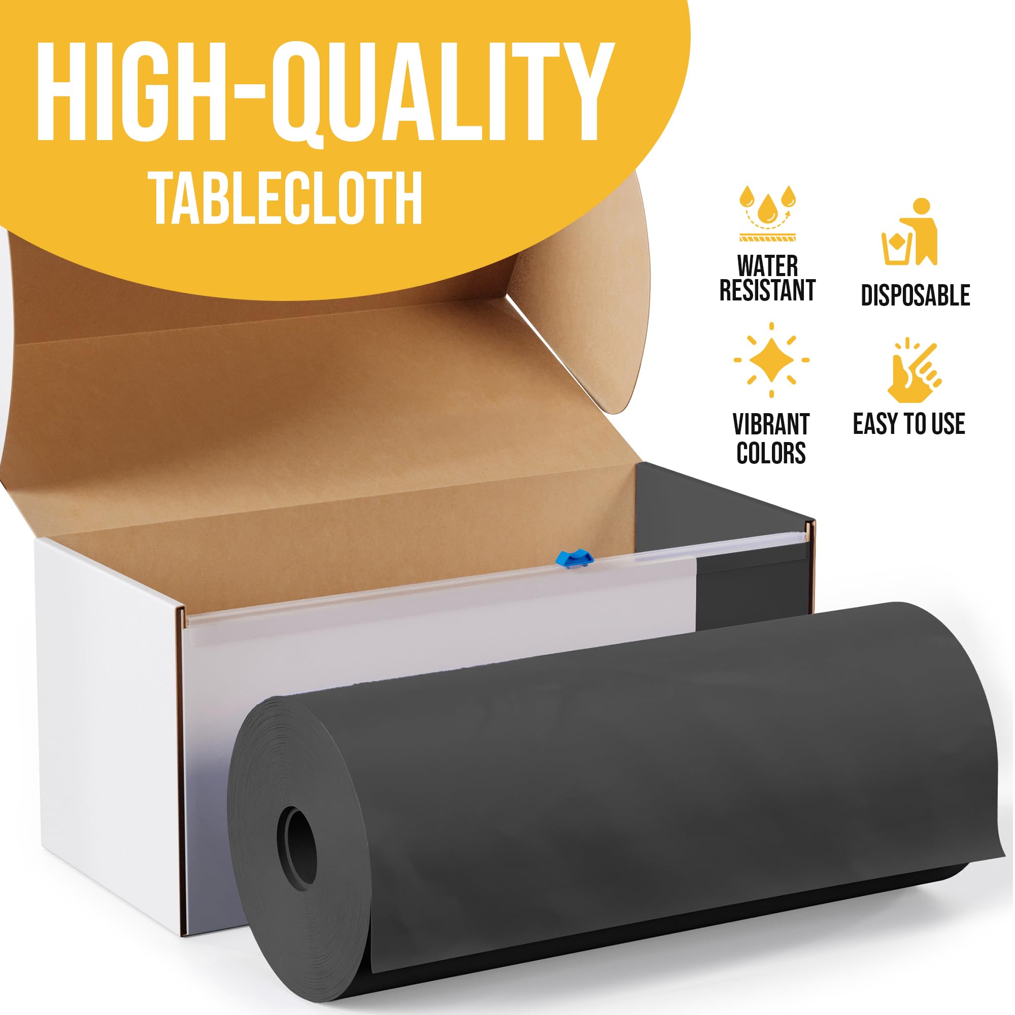 Exquisite 54 Inch X 300 Feet Black Plastic Table Cover Roll in A Cut - to - Size Box with Convenient Slide Cutter. Cuts Up to 36 Rectangle 8 Feet Plastic Disposable Tablecloths