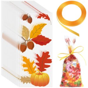 100 pieces fall cellophane bags pumpkin fall leaves treat bags halloween pumpkin bags thanksgiving cellophane bags with 1 piece orange ribbon for chocolate candy snacks cookies little toys