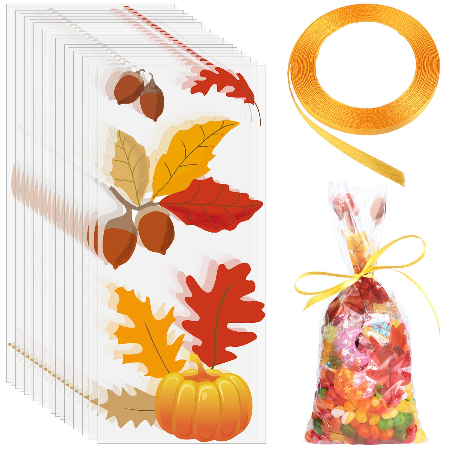 100 Pieces Fall Cellophane Bags Pumpkin Fall Leaves Treat Bags Halloween Pumpkin Bags Thanksgiving Cellophane Bags with 1 Piece Orange Ribbon for Chocolate Candy Snacks Cookies Little Toys