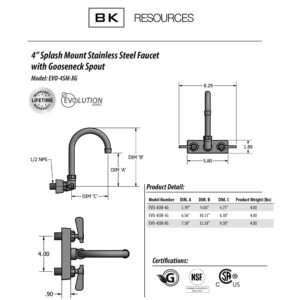 BK Resources Evolution Series 4" Commercial Kitchen Faucet, 8" Gooseneck Spout Design, NSF, Wall/Splash Mount, T-304 Stainless Steel, 1/4 Turn Ceramic Cartridge, Integral Check Valve