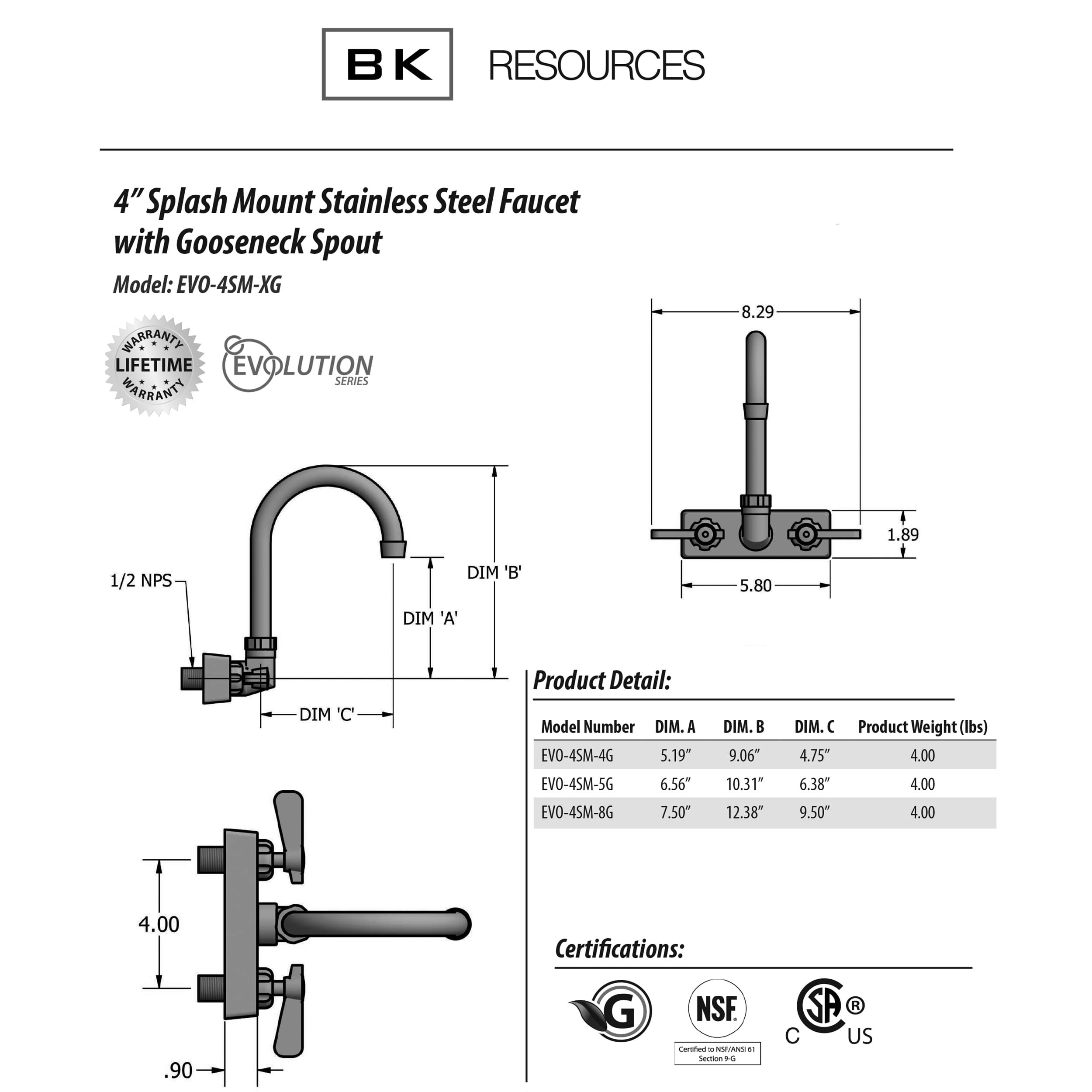 BK Resources Evolution Series 4" Commercial Kitchen Faucet, 8" Gooseneck Spout Design, NSF, Wall/Splash Mount, T-304 Stainless Steel, 1/4 Turn Ceramic Cartridge, Integral Check Valve