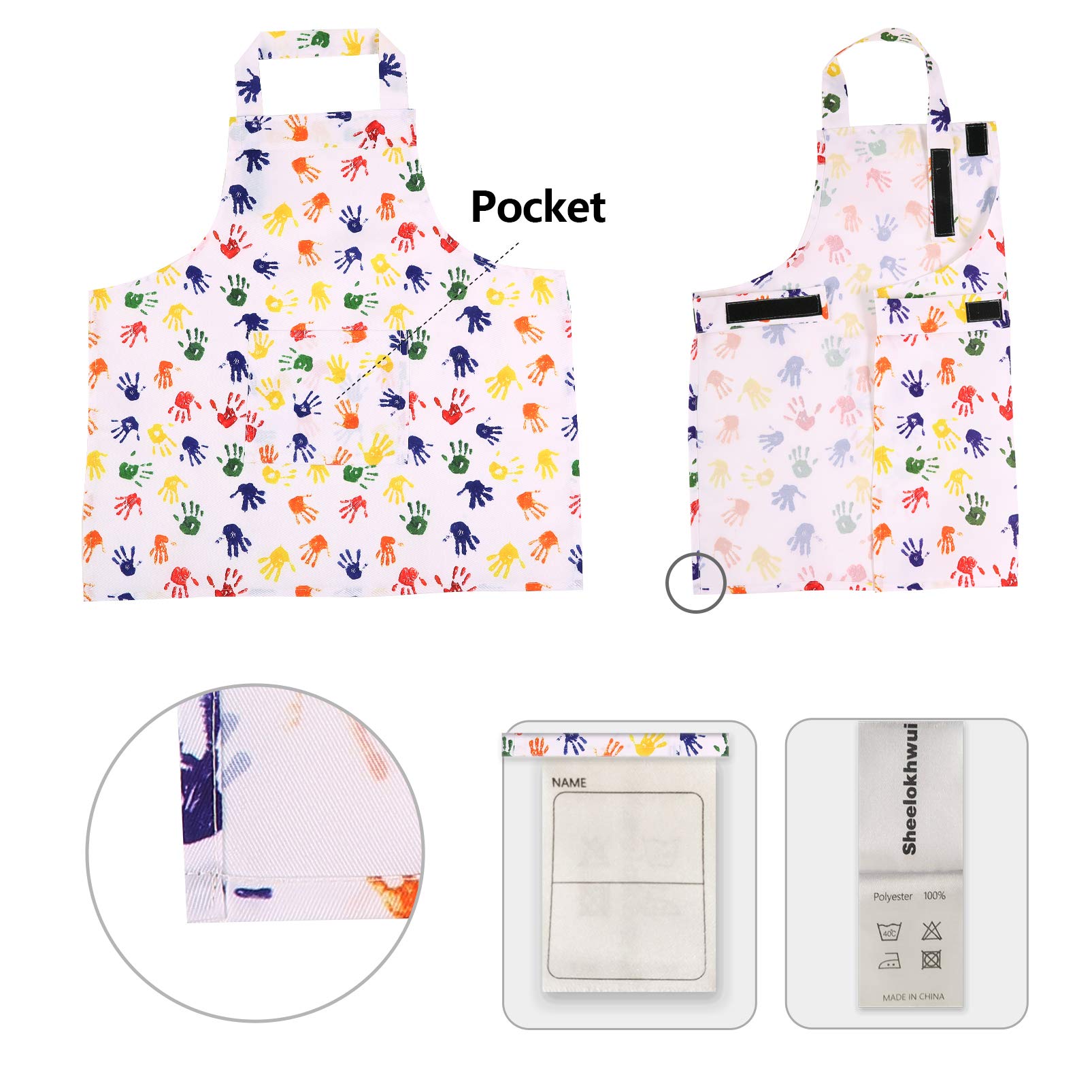 sheelokhwui Kids Apron and Chef Hat Set, Adjustable Child Aprons with Large Pocket for Cooking, Baking, Painting, Art, Gardening, Apron for Boys and Girls of 2-5 Years - Handprint