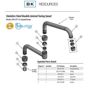 BK Resources Evolution Series Commercial Kitchen 18" Swing Double Jointed Spout, NSF, Stainless Steel, Heavy Duty Faucet Parts, 2.0 GPM Flow Rate