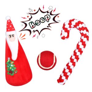 POPETPOP Christmas Dog Toys 3 Pcs, Dog Teeth Cleaning Rope Toy, Durable Dog Chew Ball and Santa Squeaky Plush Dog Toy for Small Dogs and Puppy - Xmas Dog Toy