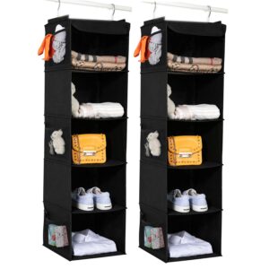 brilliantjo 2 pack hanging closet organizer, 5 shelves hanging storage with 6 side pockets for clothes shoes, 43"x12"x12"(black)