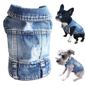 dog jean jacket, puppy blue denim lapel vest coat costume, girl boy dog t-shirt clothes, cool and funny apparel outfits, machine washable dog outfits for small medium dogs cats (xs)