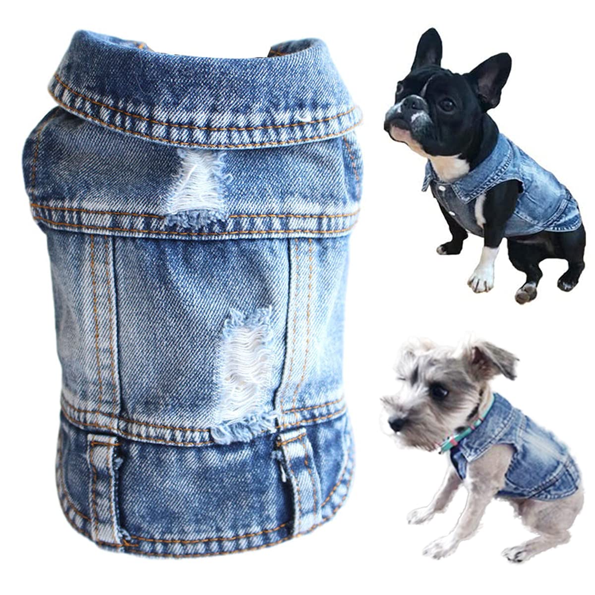 Dog Jean Jacket, Puppy Blue Denim Lapel Vest Coat Costume, Girl Boy Dog T-Shirt Clothes, Cool and Funny Apparel Outfits, Machine Washable Dog Outfits for Small Medium Dogs Cats (XS)