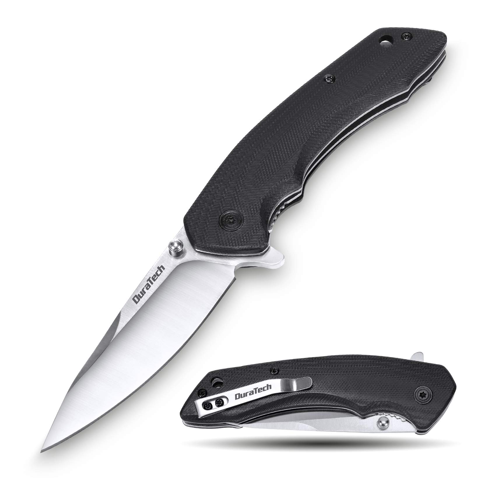 DURATECH Folding Pocket Knife, 3-1/4" Satin 8CR13MOV Blade, Black Smooth G10 Handle with Liner Lock Knife For EDC