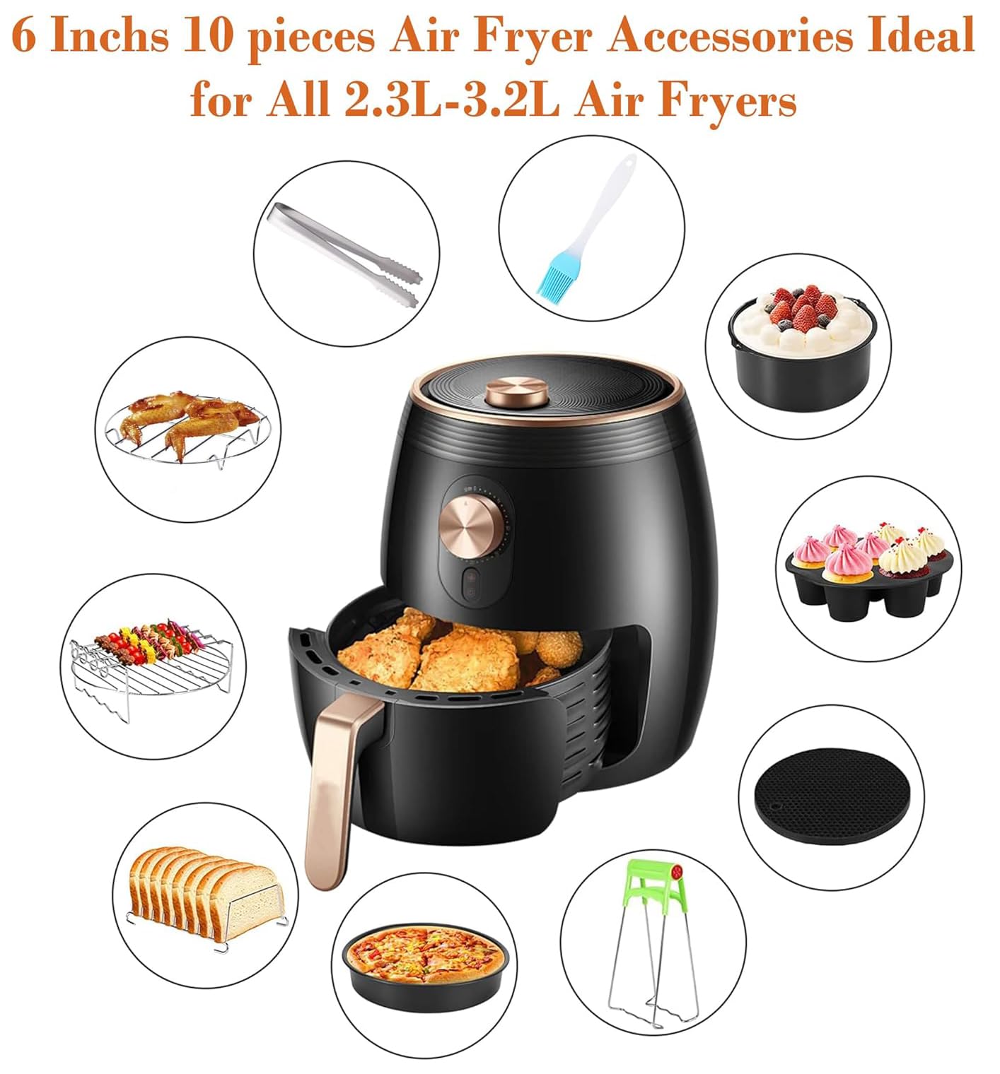 7 Inch 10pcs Air Fryer Accessories Set Fit for Gowise Gourmia Cozyna Ninja,Fit All 3.2qt-6.8qt Air Fryer,Kits with Skewers Silicone Mat,Pizza Pan,Cake Barrel,Non-Stick,Dishwasher Safe,Universal,Black