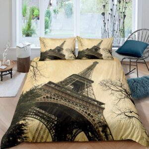 erosebridal eiffel tower comforter cover paris france duvet cover london building bedspread cover queen size branch bedding set for living room dorm bedroom decorative, yellow, romantic style