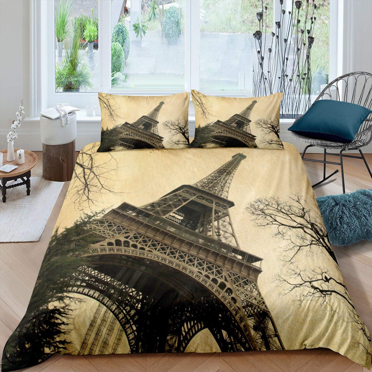 Erosebridal Eiffel Tower Comforter Cover Paris France Duvet Cover London Building Bedspread Cover Queen Size Branch Bedding Set for Living Room Dorm Bedroom Decorative, Yellow, Romantic Style