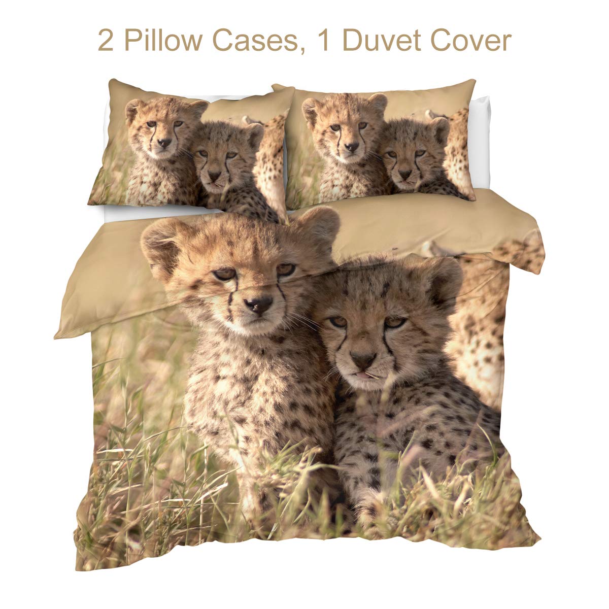 Sleepwish Cheetah Cubs Bedding Duvet Cover Sets Cute Safari Wild Cat Print Bed Set 3 Piece Soft Bedspreads Comforter Cover (1 Duvet Cover+2 Pillowcases) Brown/Twin