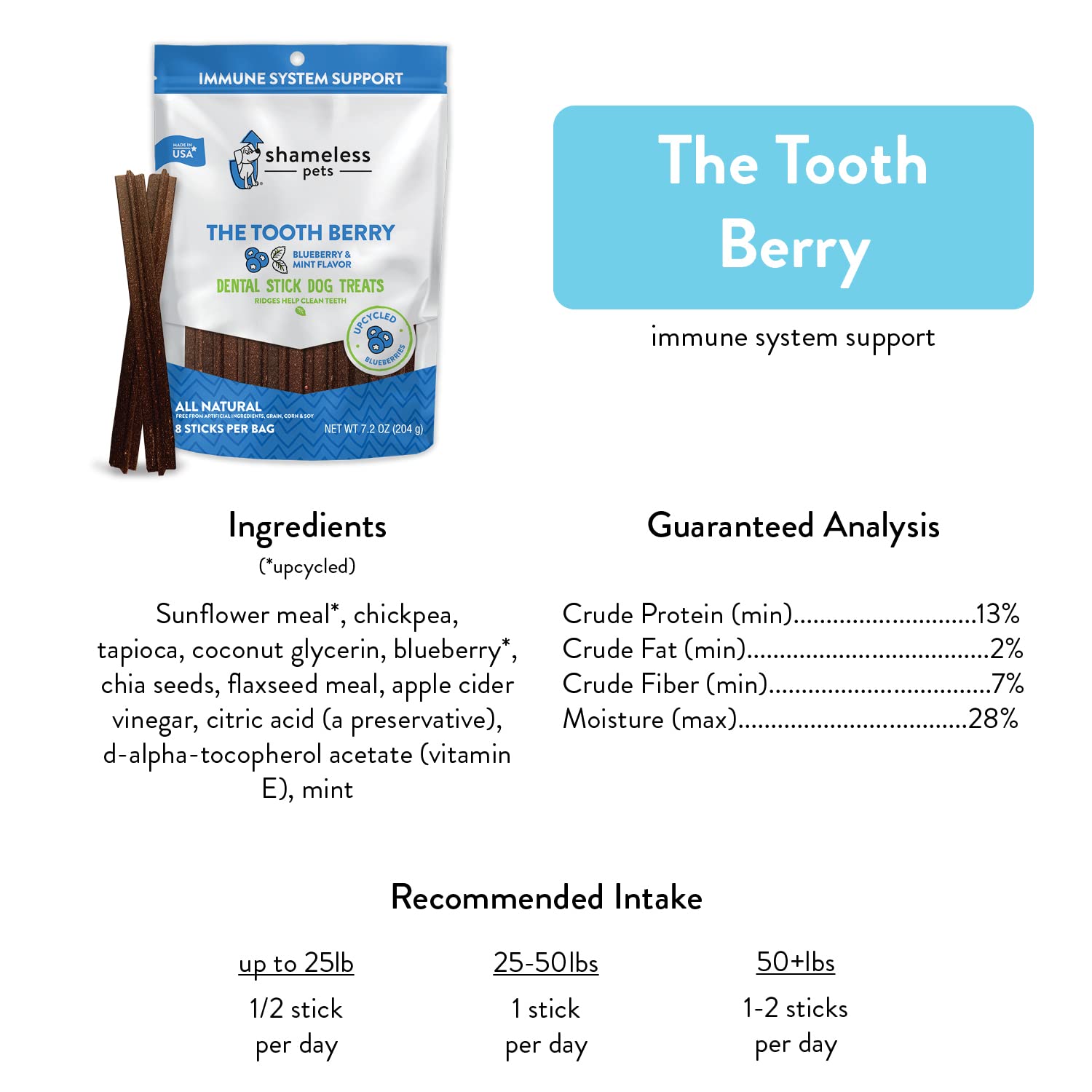 Shameless Pets Dental Treats for Dogs, The Tooth Berry (2-Pack) - Healthy Dental Sticks with Immune Support for Teeth Cleaning & Fresh Breath - Dog Bones Dental Chews Free from Grain, Corn & Soy