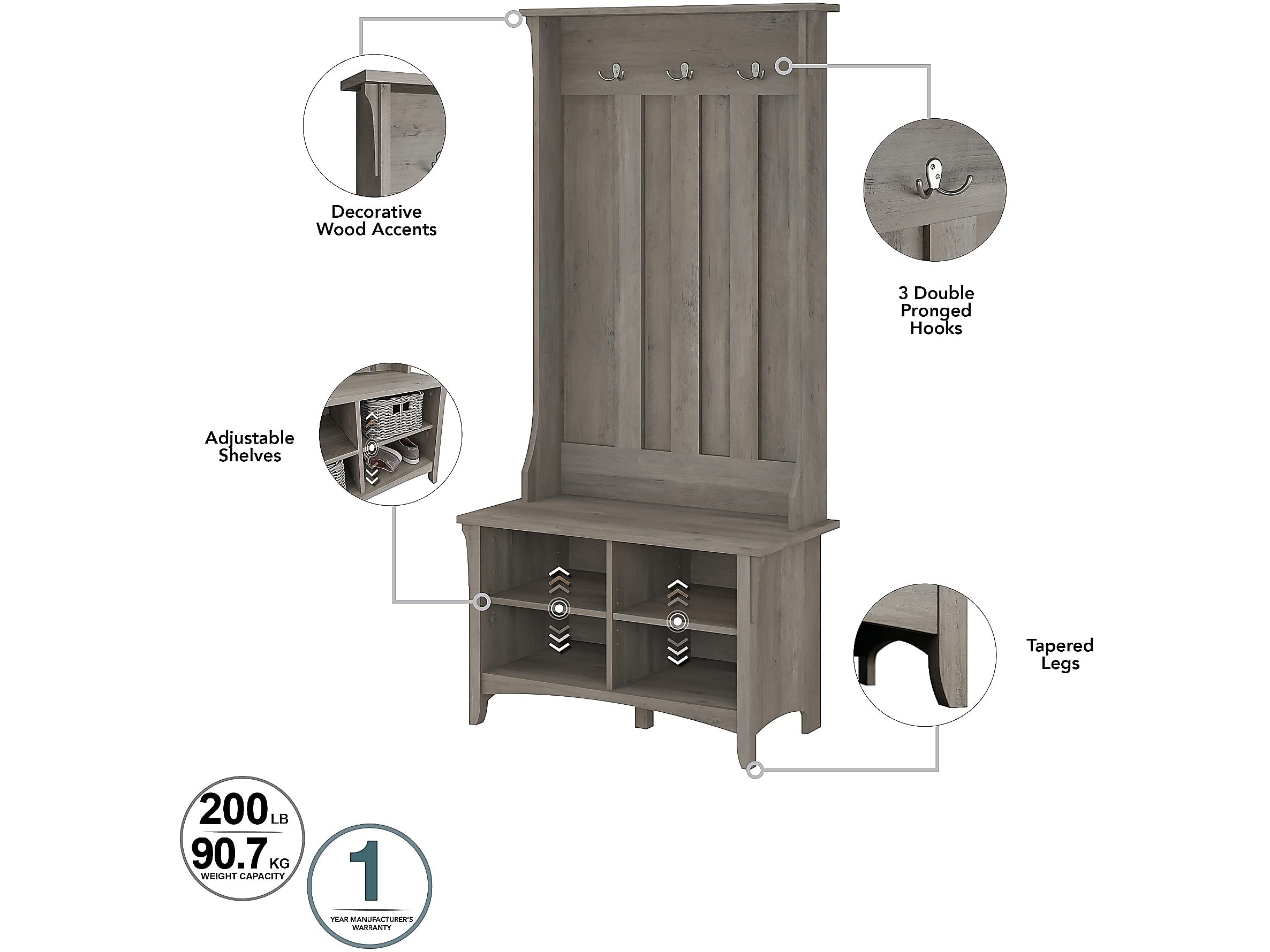 Bush Furniture Salinas Entryway Storage Set with Hall Tree, Shoe Bench and Accent Cabinet in Driftwood Gray