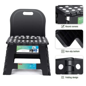 ACSTEP Folding Step Stool, Include Extra Wide Heavy Duty Stepping Stool and Back Support Foldable Step Stool Black