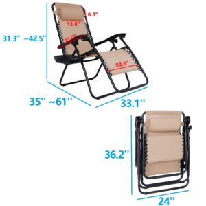 SUPER DEAL Zero Gravity Chair Set of 2 Folding Anti Gravity Recliner Outdoor Patio Beach Lounger Chair with Side Cup Holder Tray and Pillow for Patio, Poolside, Backyard, Deck, Heavy Duty Steel Frame