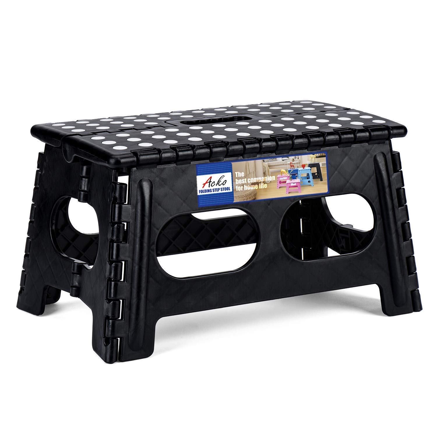 ACSTEP Folding Step Stool, Include Extra Wide Heavy Duty Stepping Stool and Back Support Foldable Step Stool Black