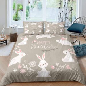 erosebridal rabbit duvet cover happy easter comforter cover for kids girls farmhouse animal bedding set blossom floral botanical bedclothes child room decor with 2 pillow cases king size pink gray