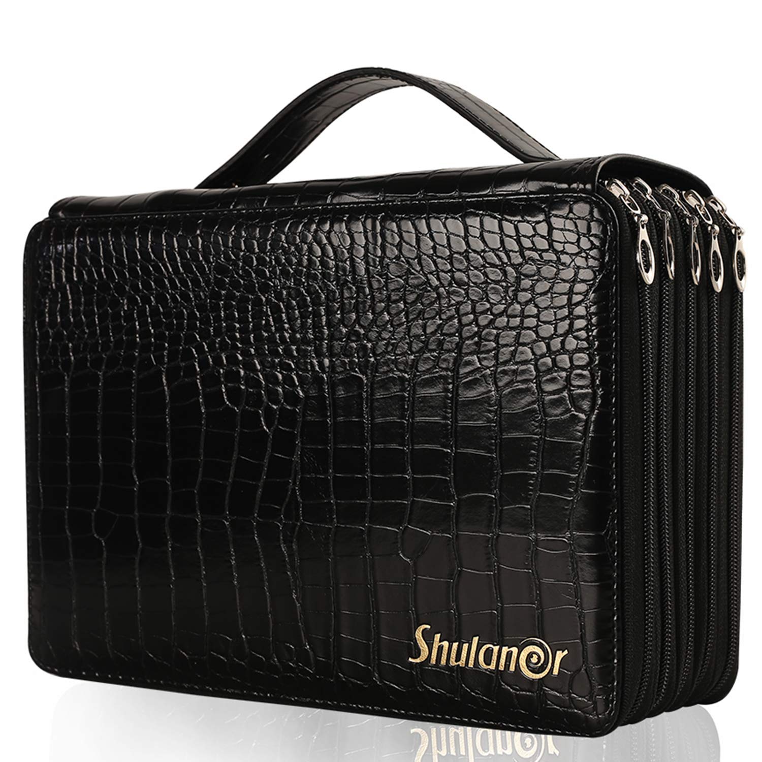 Shulaner 250 Slots Colored Pencil Case Organizer with Zipper PU Leather Large Capacity Pen Holder Bag for Artist Croco Black