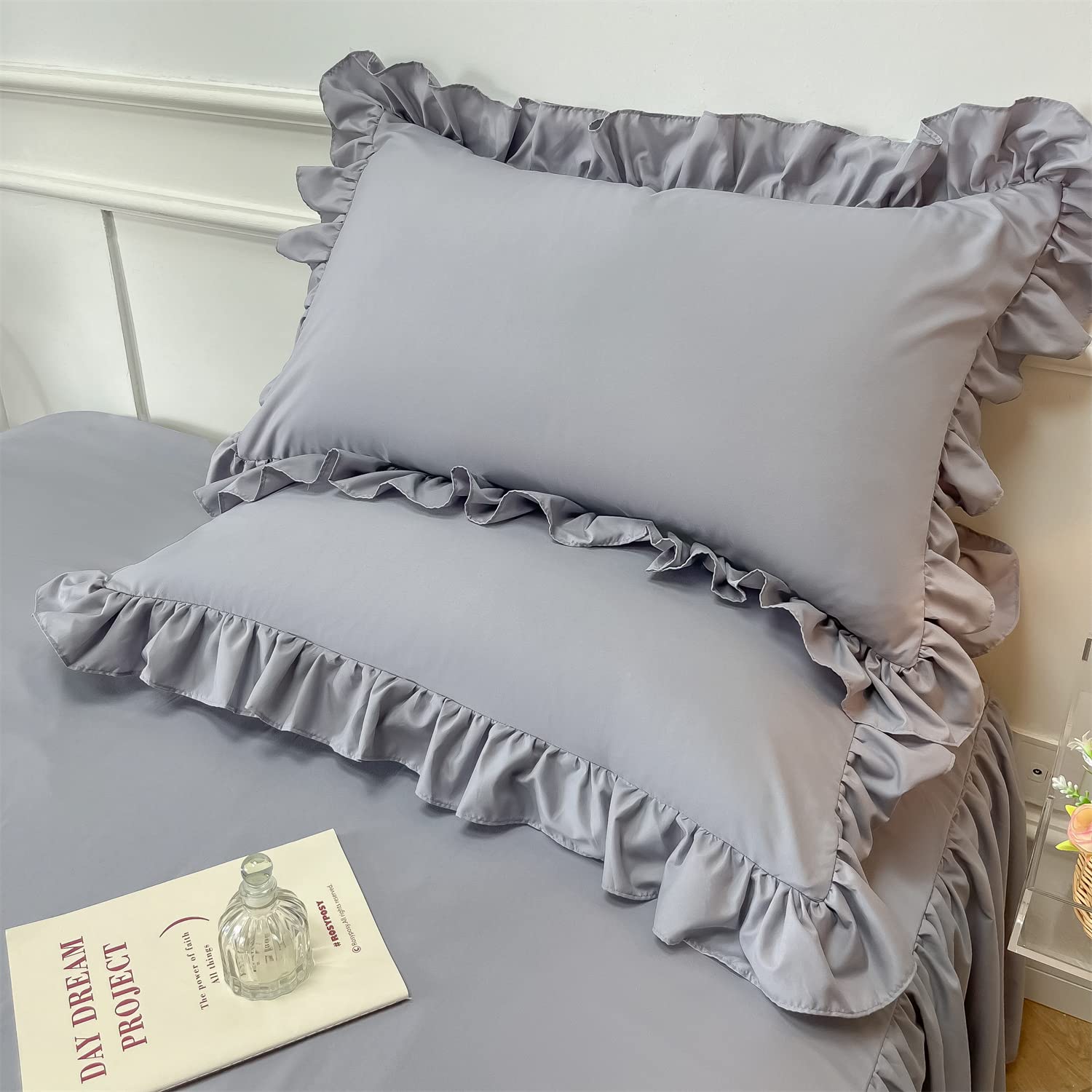 MOOWOO Waterfall Ruffle Duvet Cover Queen 3 Piece Shabby Chic Bedding Solid Color Soft and Breathable with Zipper Closure & Corner Ties (Gray, Queen)