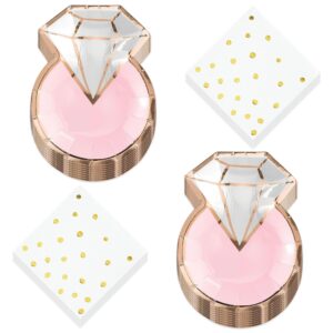 bridal and bachelorette party supplies - blush pink gold metallic diamond ring paper dessert plates and beverage napkins (serves 16)