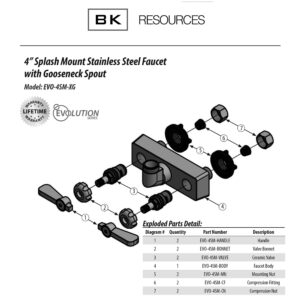 BK Resources Evolution Series 4" Commercial Kitchen Faucet, 8" Gooseneck Spout Design, NSF, Wall/Splash Mount, T-304 Stainless Steel, 1/4 Turn Ceramic Cartridge, Integral Check Valve