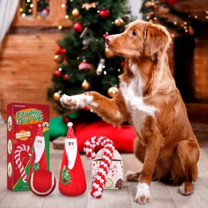 POPETPOP Christmas Dog Toys 3 Pcs, Dog Teeth Cleaning Rope Toy, Durable Dog Chew Ball and Santa Squeaky Plush Dog Toy for Small Dogs and Puppy - Xmas Dog Toy