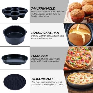 7 Inch 10pcs Air Fryer Accessories Set Fit for Gowise Gourmia Cozyna Ninja,Fit All 3.2qt-6.8qt Air Fryer,Kits with Skewers Silicone Mat,Pizza Pan,Cake Barrel,Non-Stick,Dishwasher Safe,Universal,Black