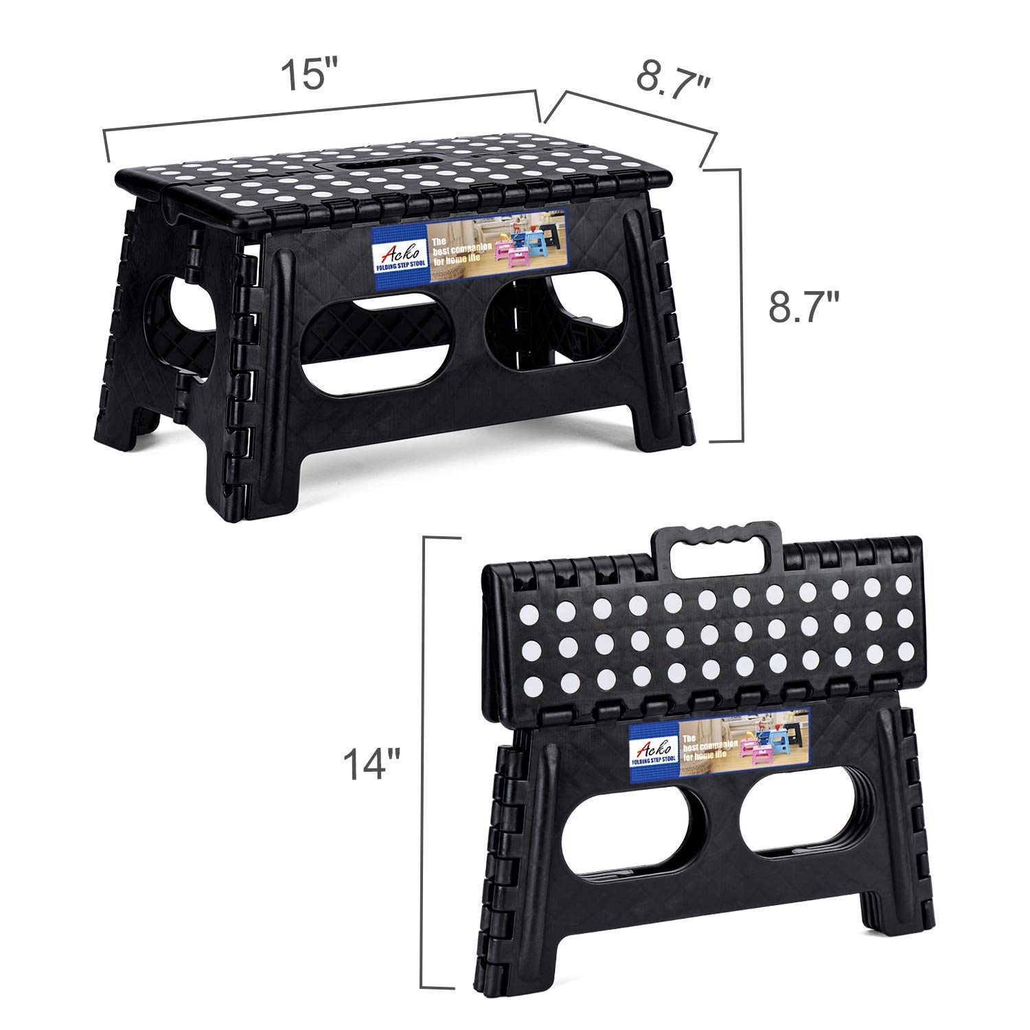 ACSTEP Folding Step Stool, Include Extra Wide Heavy Duty Stepping Stool and Back Support Foldable Step Stool Black