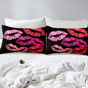 Feelyou Sexy Kiss Bedding Set Feminine Red Lips Duvet Cover Set for Girls Women Lipstick Print Comforter Cover Sexy Lip Print Stylish Lady Quilt Cover Bedroom Collection 3Pcs Queen Size