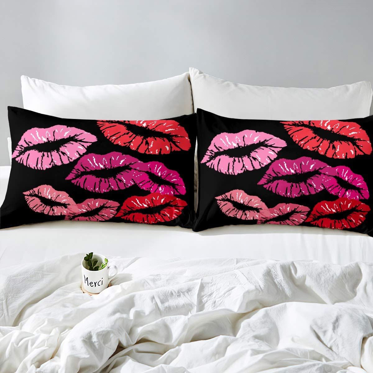 Feelyou Sexy Kiss Bedding Set Feminine Red Lips Duvet Cover Set for Girls Women Lipstick Print Comforter Cover Sexy Lip Print Stylish Lady Quilt Cover Bedroom Collection 3Pcs Queen Size