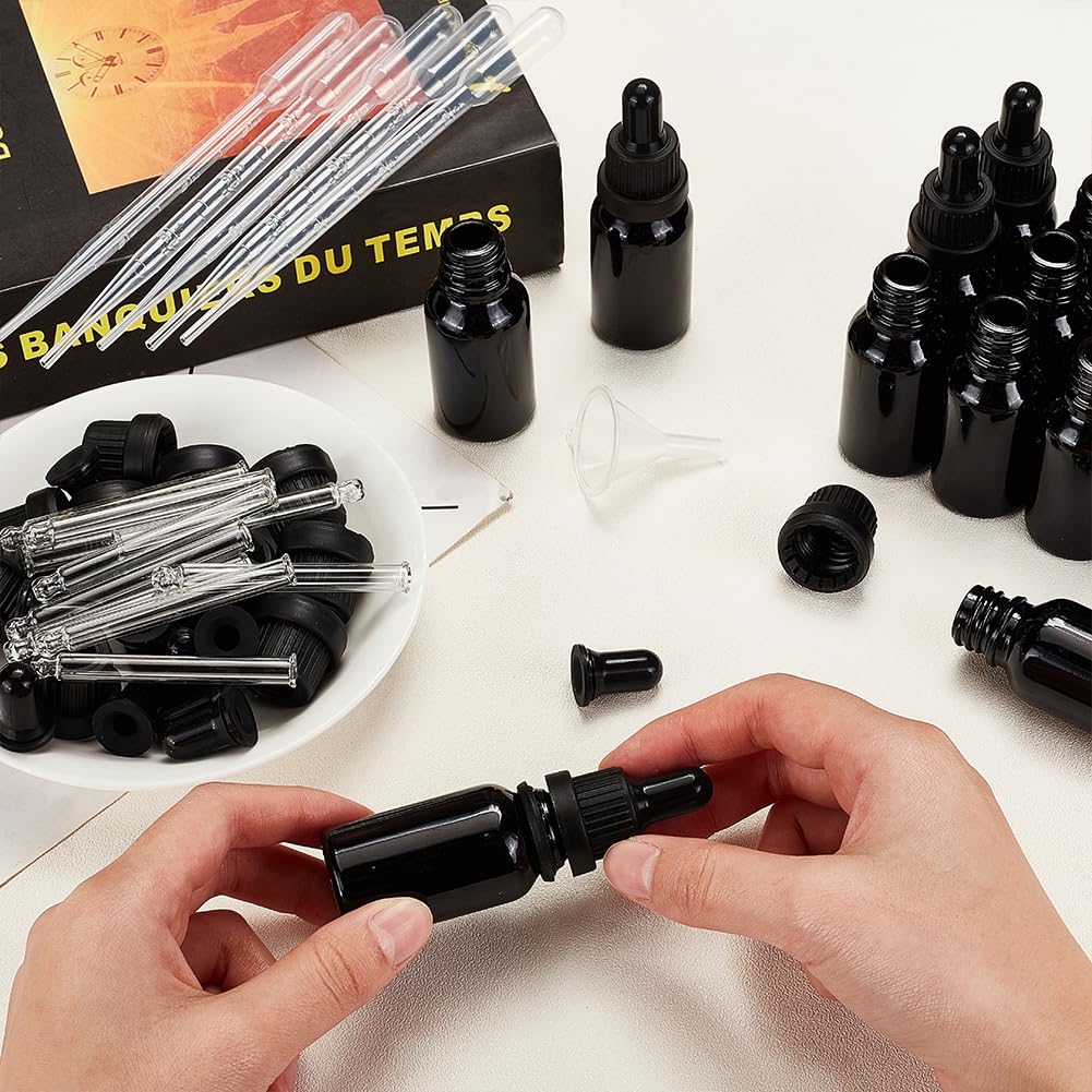 BENECREAT 15 Packs 15ml Black Glass Dropper Bottle Vials Glass Eye Dropper Bottle with Labels, Plastic Hoppers and Droppers for Essential Oil Aromatherapy Fragrance