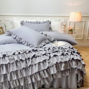 MOOWOO Waterfall Ruffle Duvet Cover Queen 3 Piece Shabby Chic Bedding Solid Color Soft and Breathable with Zipper Closure & Corner Ties (Gray, Queen)