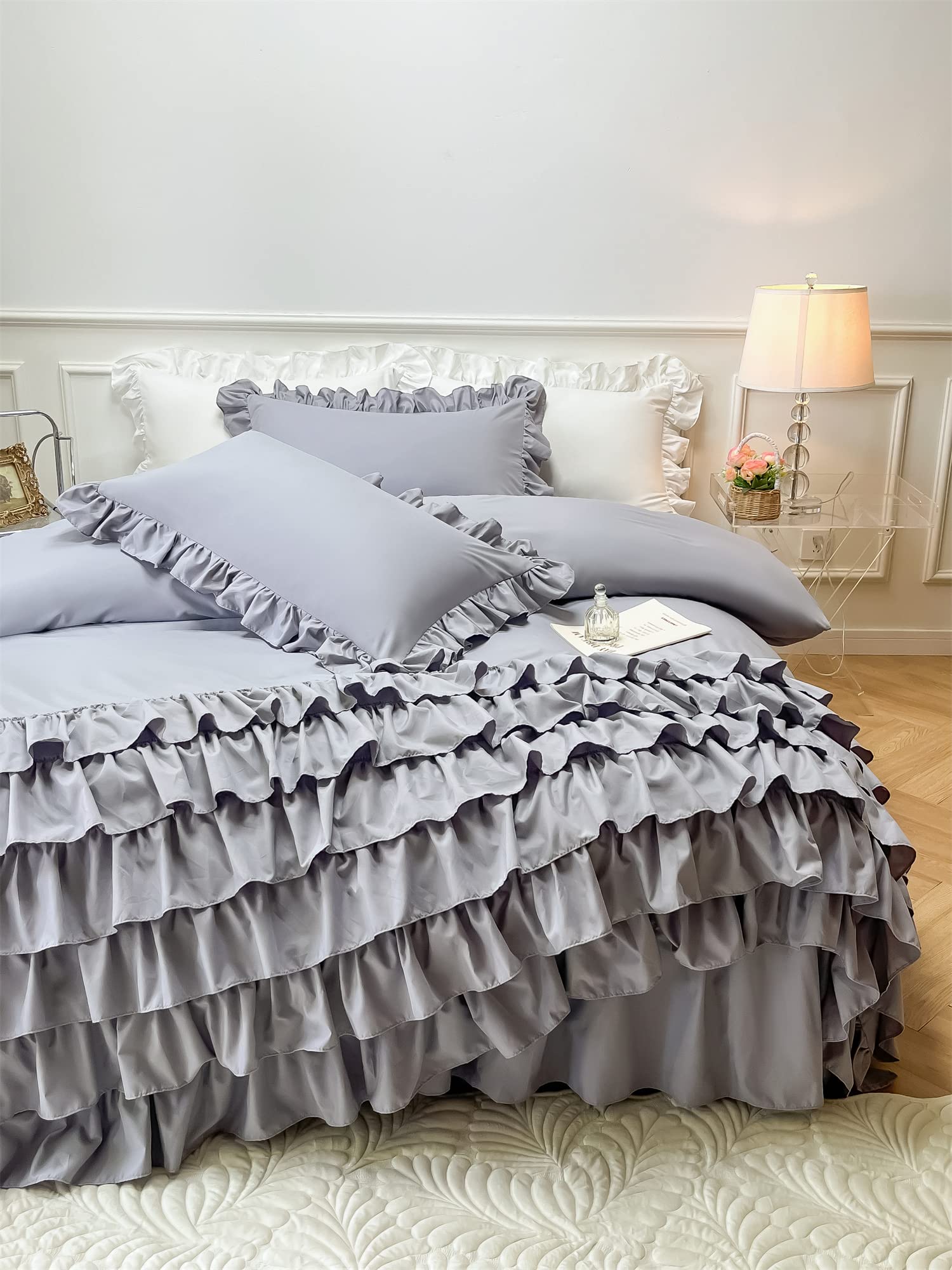 MOOWOO Waterfall Ruffle Duvet Cover Queen 3 Piece Shabby Chic Bedding Solid Color Soft and Breathable with Zipper Closure & Corner Ties (Gray, Queen)