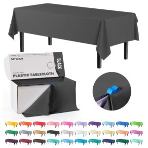 exquisite 54 inch x 300 feet black plastic table cover roll in a cut - to - size box with convenient slide cutter. cuts up to 36 rectangle 8 feet plastic disposable tablecloths