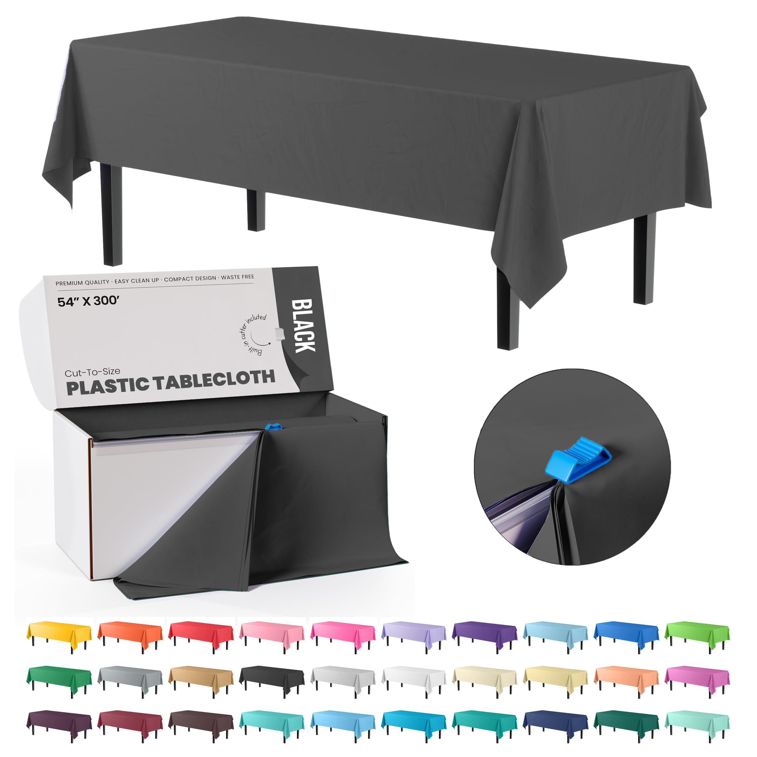 Exquisite 54 Inch X 300 Feet Black Plastic Table Cover Roll in A Cut - to - Size Box with Convenient Slide Cutter. Cuts Up to 36 Rectangle 8 Feet Plastic Disposable Tablecloths