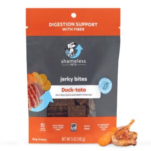 shameless pets jerky dog treats, duck-tato - healthy dog chews for digestion support with fiber - dog treats with real cage-free duck - free from grain, corn & soy - 1-pack