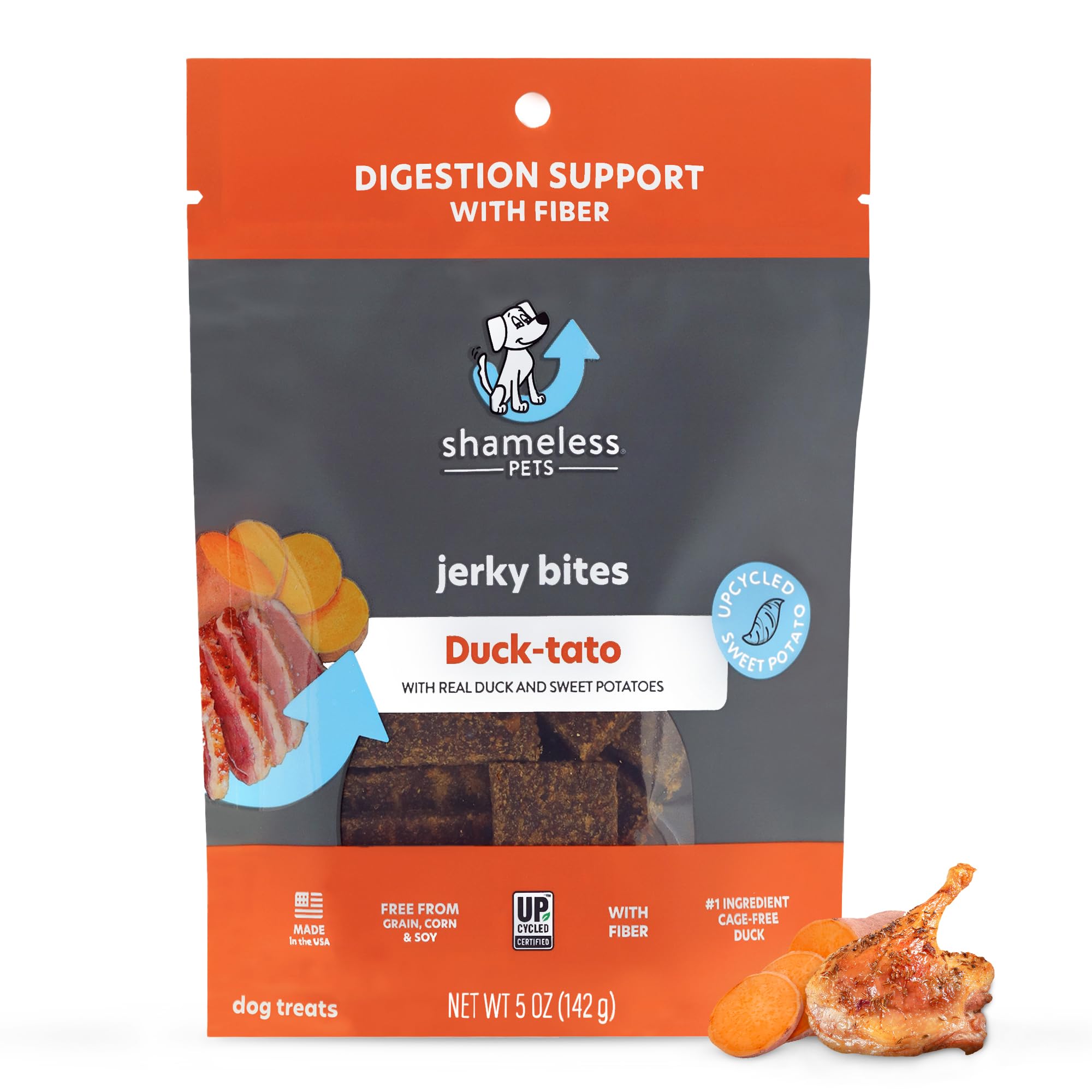 Shameless Pets Jerky Dog Treats, Duck-Tato - Healthy Dog Chews for Digestion Support with Fiber - Dog Treats with Real Cage-Free Duck - Free from Grain, Corn & Soy - 1-Pack