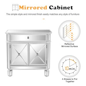 VINGLI Mirrored Cabinet, Mirrored Nightstand, Mirrored Dresser Accent Chest, Large Mirror Nightstand with 1 Drawer and Two Doors, 27.5”W x 13.4”D x 27.5”H, Mirror