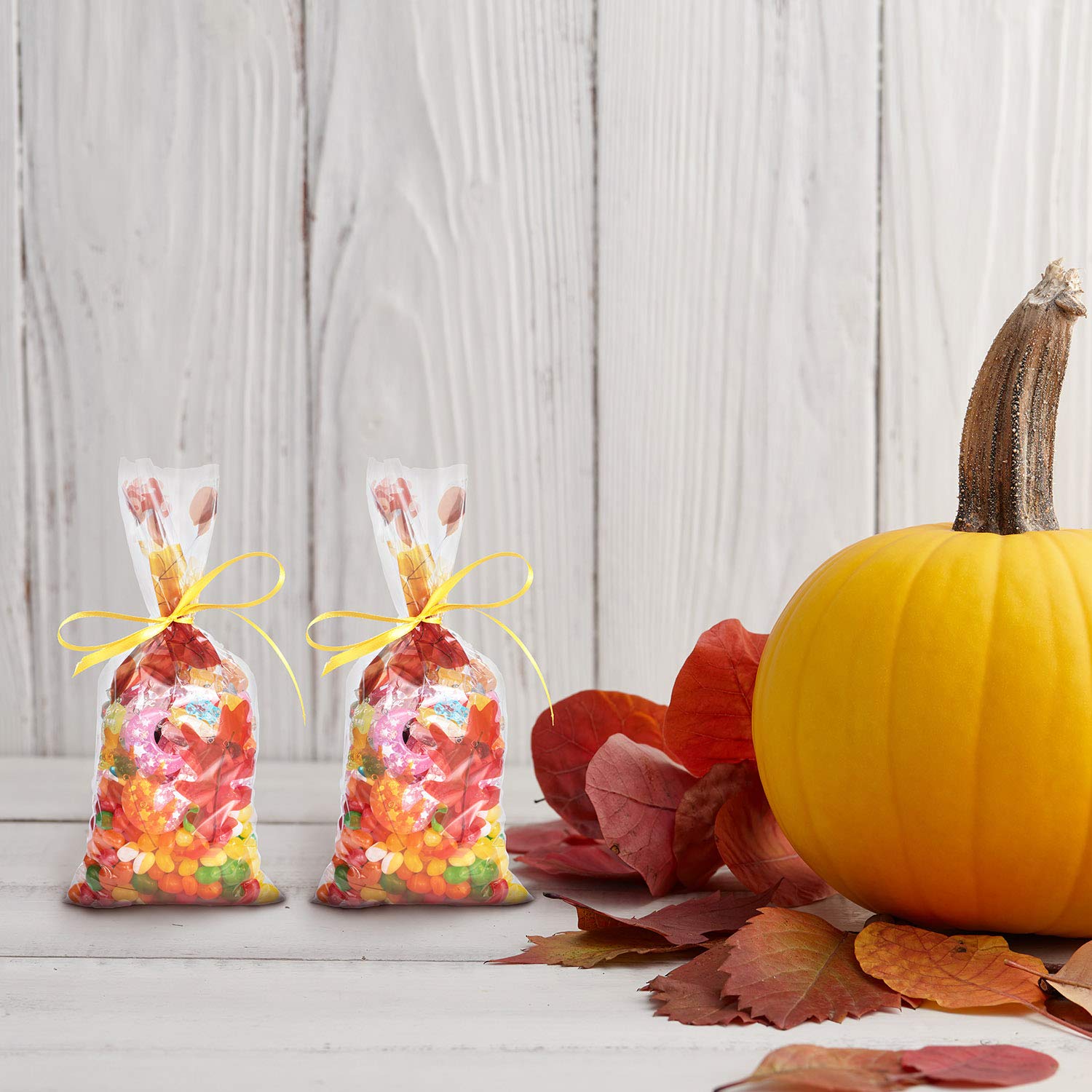 100 Pieces Fall Cellophane Bags Pumpkin Fall Leaves Treat Bags Halloween Pumpkin Bags Thanksgiving Cellophane Bags with 1 Piece Orange Ribbon for Chocolate Candy Snacks Cookies Little Toys