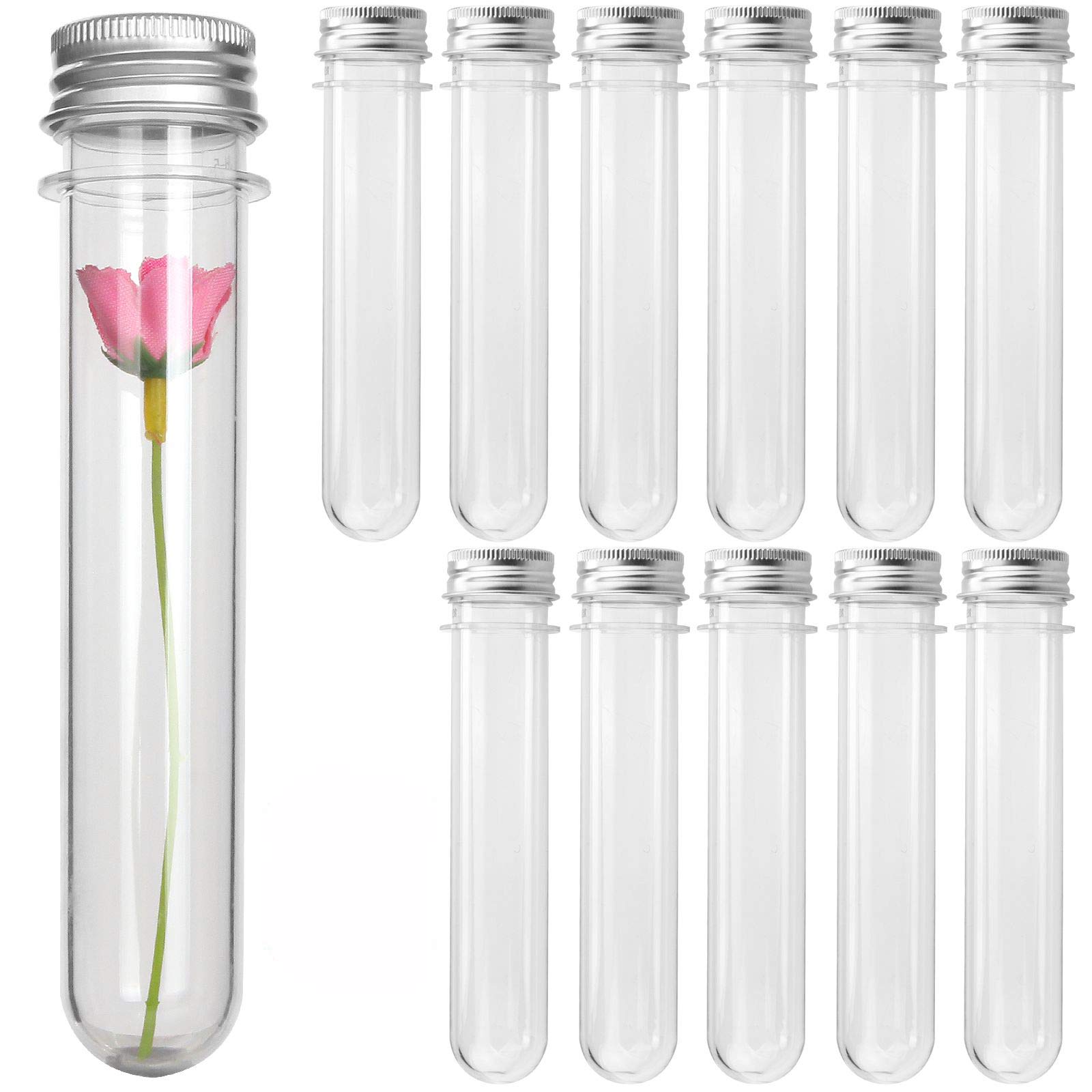 Acrux7 60 Pack Plastic Test Tubes, 45 ML Clear Test Tubes with Screw Caps, Plastic Test Tube Container for Bath Salts, Candy Storage, Scientific Party, Wedding Decorate, Plant Propagation