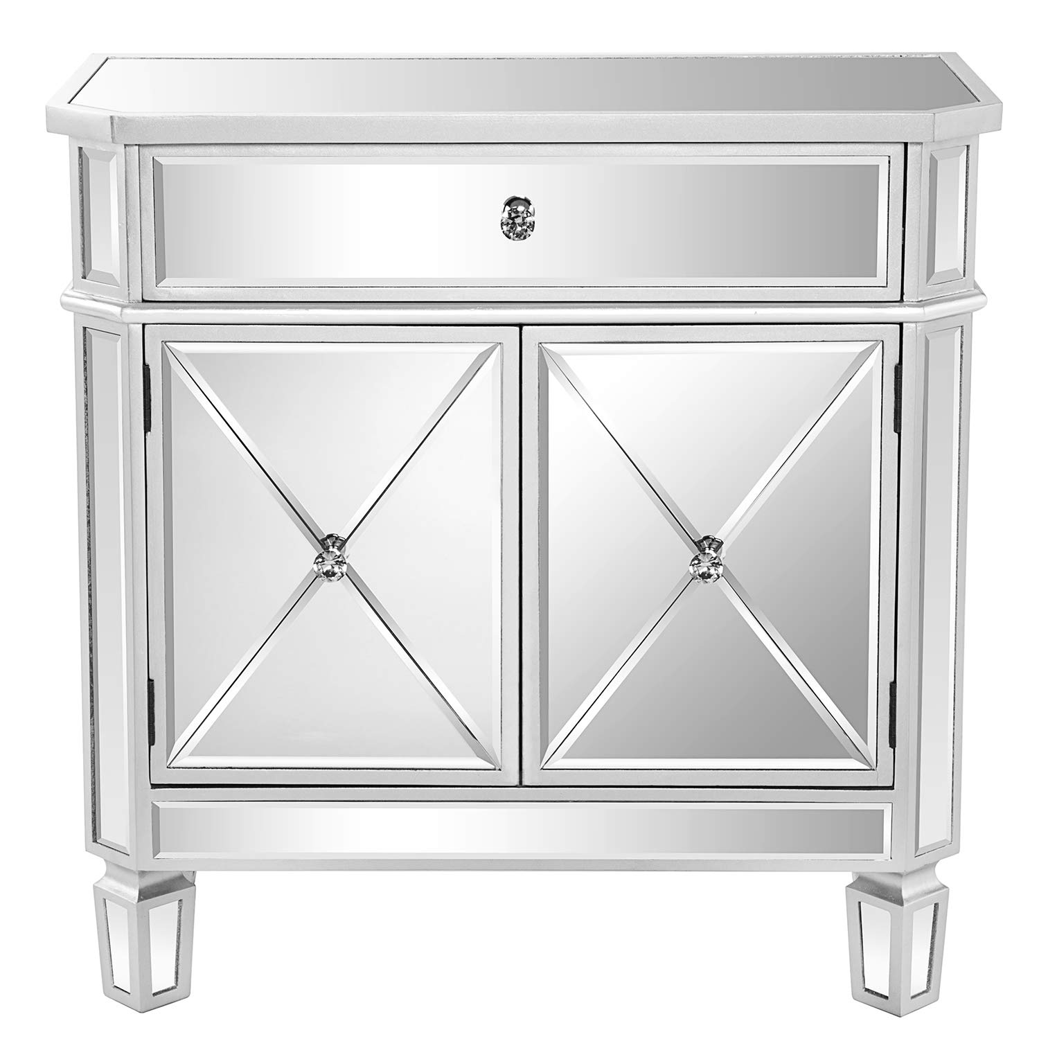 VINGLI Mirrored Cabinet, Mirrored Nightstand, Mirrored Dresser Accent Chest, Large Mirror Nightstand with 1 Drawer and Two Doors, 27.5”W x 13.4”D x 27.5”H, Mirror