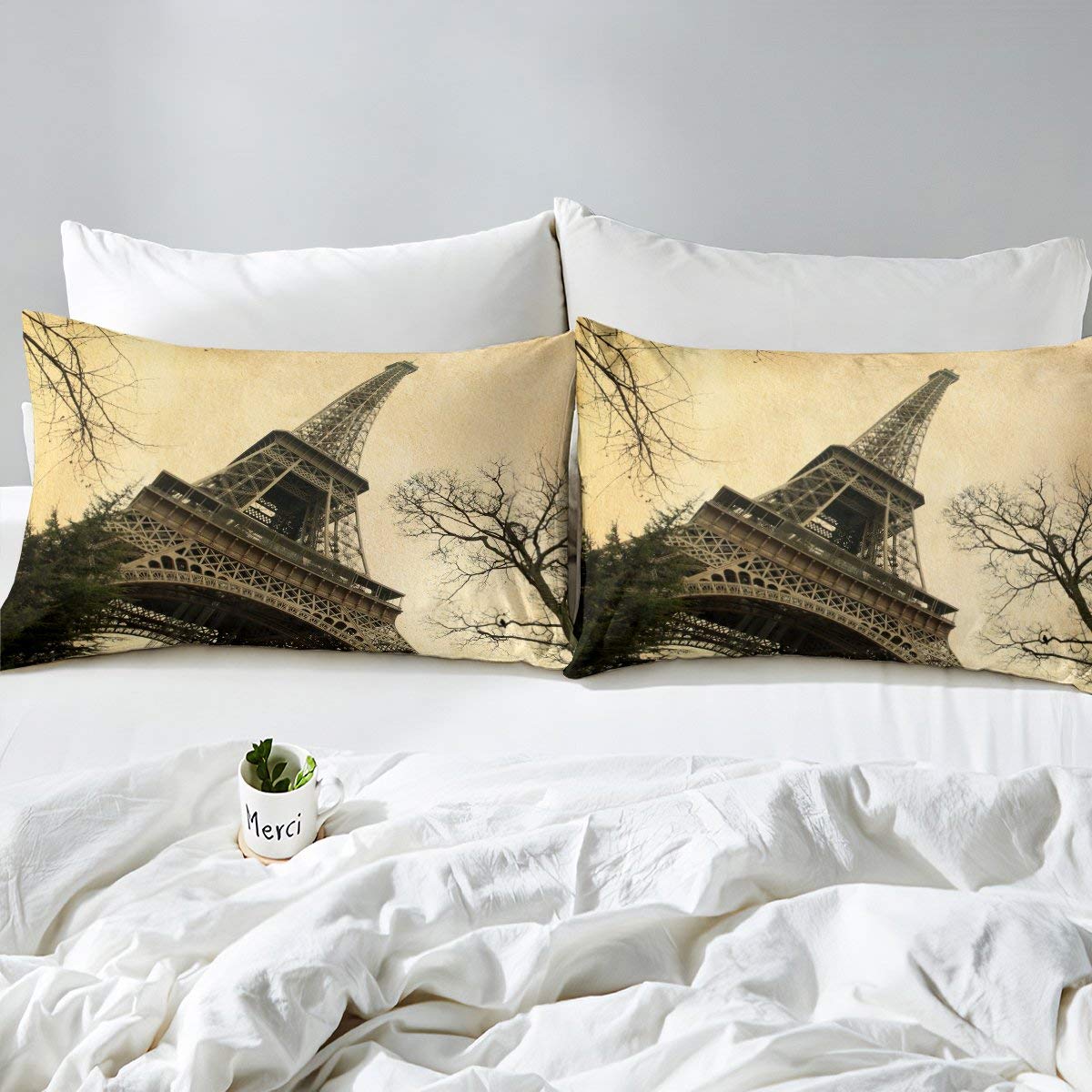 Erosebridal Eiffel Tower Comforter Cover Paris France Duvet Cover London Building Bedspread Cover Queen Size Branch Bedding Set for Living Room Dorm Bedroom Decorative, Yellow, Romantic Style