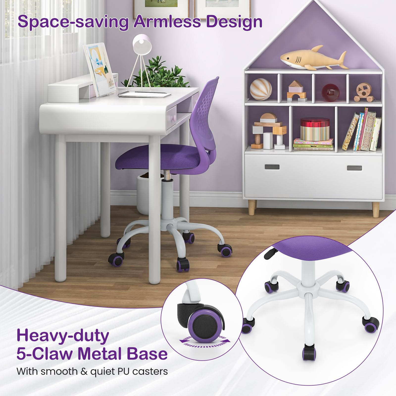 Giantex Kids Desk Chair, Adjustable Children Study Chair, Swivel Chair Armless Mesh Task Student Chair, Child Desk Chair with Adjustable Height & Lumbar Support Computer Chair (Purple)