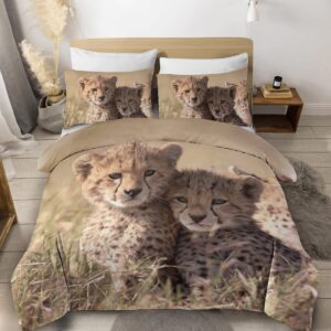 sleepwish cheetah cubs bedding duvet cover sets cute safari wild cat print bed set 3 piece soft bedspreads comforter cover (1 duvet cover+2 pillowcases) brown/twin