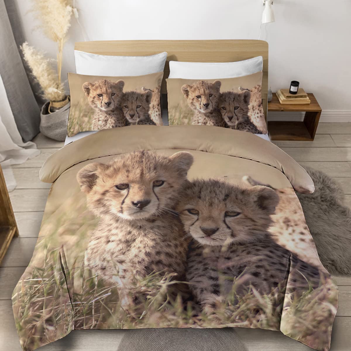 Sleepwish Cheetah Cubs Bedding Duvet Cover Sets Cute Safari Wild Cat Print Bed Set 3 Piece Soft Bedspreads Comforter Cover (1 Duvet Cover+2 Pillowcases) Brown/Twin