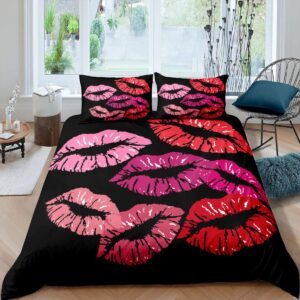 feelyou sexy kiss bedding set feminine red lips duvet cover set for girls women lipstick print comforter cover sexy lip print stylish lady quilt cover bedroom collection 3pcs queen size