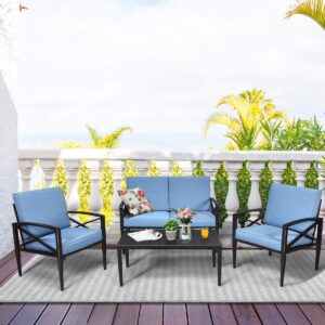 Tangkula 4PCS Outdoor Aluminum Patio Conversation Set, Patio Sofa Set 1 Loveseat, 2 Single Sofas, 1 Coffee Table, Outdoor Furniture Set w/Padded Cushions for Garden, Yard, Pool, Backyard (1, Blue)